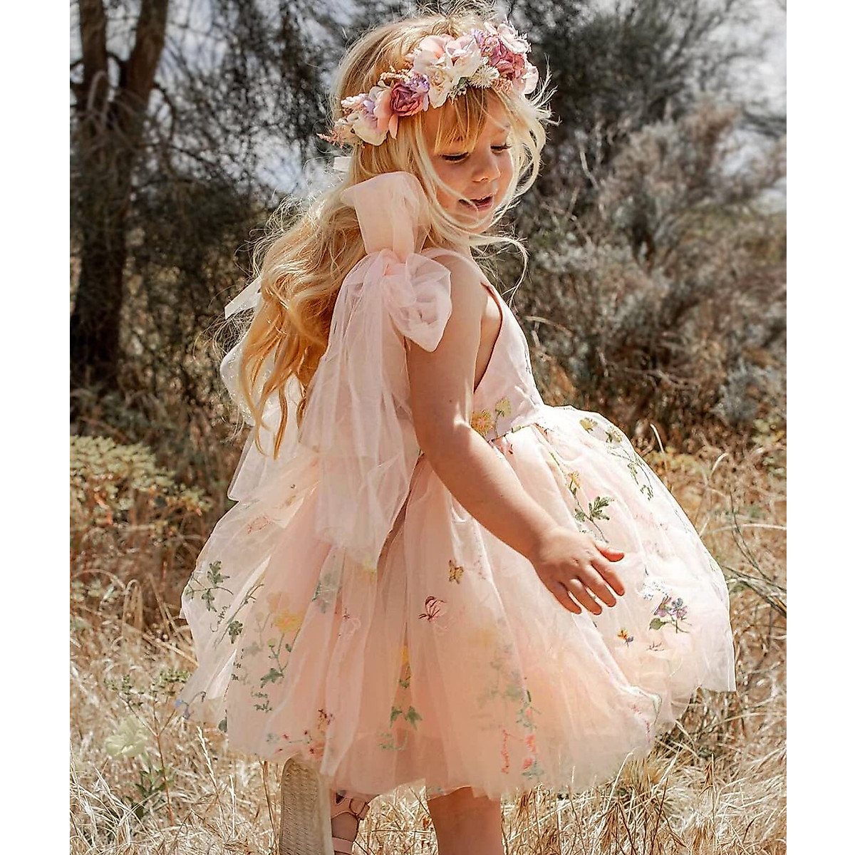 JISISANG Flower Girl Dresses for Wedding Toddler Short Floral Embroidered Tulle Bow-Knot Pageant Princess Boho Summer Swing Dress for Girls Kids Peach Pink 2