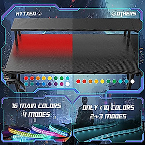 HYTXEN Gaming Desk with Led Lights, L Shaped Corner Computer Desk with Power Strip, Carbon Fiber Surface Gaming Table with Monitor Stand＆Cup Holder, Headphone Hook, Graphite Black