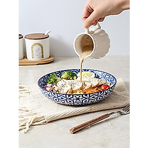 Selamica Porcelain 26 Ounce Pasta Bowls Set of 6, 8 inch Wide and Shallow Salad Bowls, Serving Bowls, Microwave & Dishwasher Safe, Sturdy & Stackable, Vintage Blue