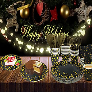 New Years Eve Party Supplies 2025 Christmas Decorations Party Plates Napkins Set Black and Gold Party Supplies 350 Pcs Disposable Paper Plates Napkins Gold Fork Knives Spoon, Serves 50