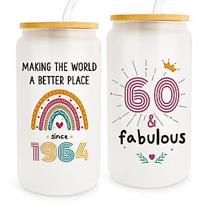 60th Birthday Gifts for Women, 60 Fabulous Gifts, Gifts for 60 Year Old Woman, 1964 Birthday Gifts, 60th Birthday Ideas, Gifts for 60 Year Old Mom, Sister, 60th Birthday Decorations - 16oz Glass Cup