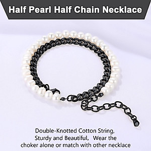 Men's Pearl Necklace Women Half Pearl Half Metal Link Chain Black Cuban Chain Pearls Stands Choker 17"