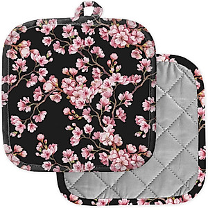 [Pack of 2] Pot Holders for Kitchen, Washable Heat Resistant Pot Holders, Hot Pads, Trivet for Cooking and Baking ( Cherry Blossoms Watercolor )