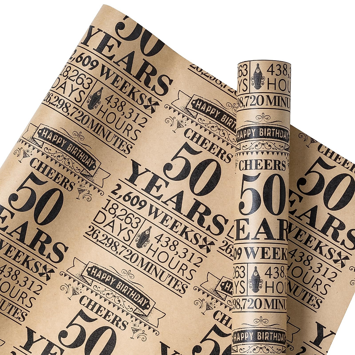 RUSPEPA Scented Kraft Wrapping Paper Roll - Mini Roll - Black 50 Years Design with Fragrance Great for Birthday, Party, Holiday - 17 inches x 16.4 feet - 50th Birthday