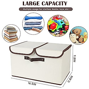 ShellKingdom Large Storage bins, 2 Set Foldable Linen Fabric Storage Cubes Organizer with Lid, Leather Handles, Removable Divider for Home, Closet, Toys, Cloth Storage Boxes - 16.5x11.8x9.8'' (Beige)