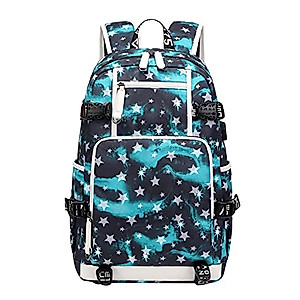 JiaYou Boys Junior Middle School Backpack Men USB High Middle School Laptop Bag Stars Pattern Casual Daypack(Color E,22 Liters)