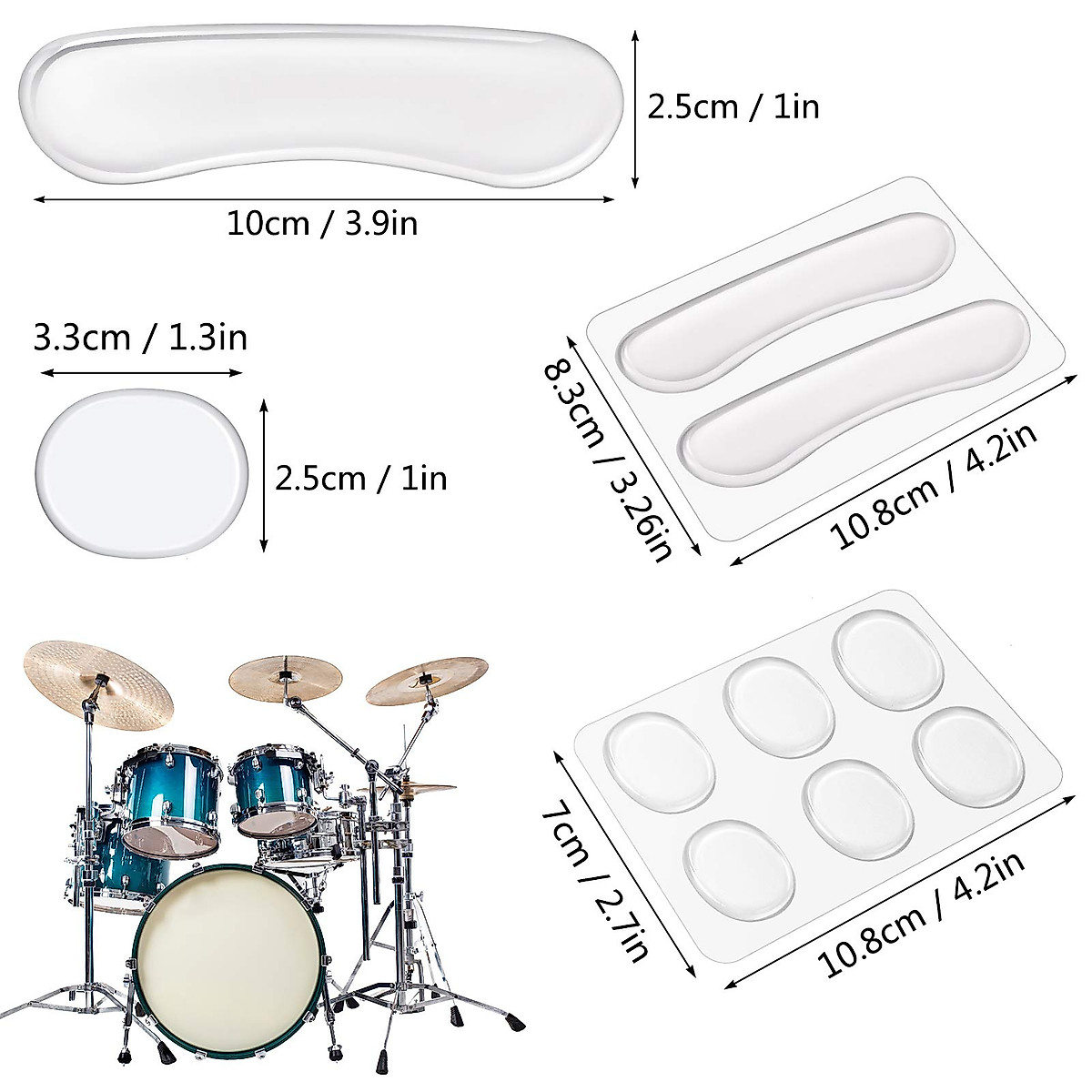 MIKIMIQI Drum Dampeners Gel Pads, 12 Pcs Round Silicone Drum Silencers and 4 Pcs Long Clear Soft Drum Dampening Gel Pads Transparent Drum Mute Pads for Drums Tone Control