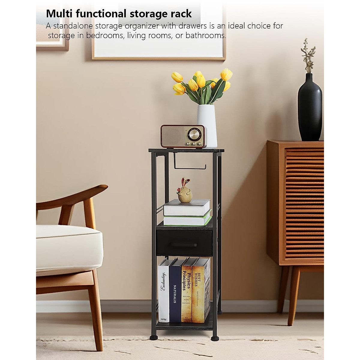 MOOACE Bathroom Storage Cabinet Free-Standing Bathroom Stand with Cloth Drawer Toilet Paper Storage Shelf 3 Tier Narrow Towel Organizer Cabinet for Small Space Bathroom Kitchen Laundry Room,Black