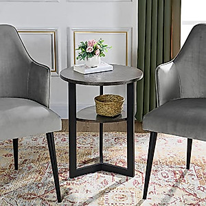 19.3” Round End Table with Storage shelf, Circular Rustic Sofa Side Table with Black Metal Leg, Solid Wood 2-tier Telephone Table, Nightstand, for Living Room Bedroom Entryway Brushed Black BZ2338BK