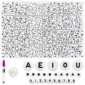 MIIIM 1200pcs Vowel Letter Beads (A, E, I, O, U), 4x7mm Round Letter Beads for Bracelets Making, Alphabet Beads, Number Beads, Heart Beads in 24 Grid Box (White Beads Black Letters)