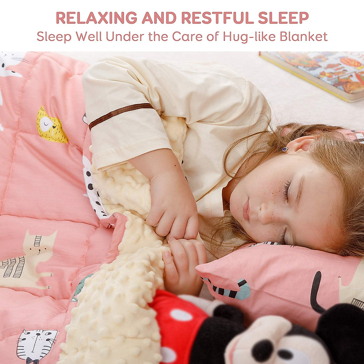 Sivio Weighted Blanket,Cotton and Minky Fleece Throw Blanket with Beads, Reversible Heavy Blanket, 3lbs 36x48 Inch, Pink Cat