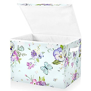 innewgogo Flowers Butterflies Storage Bins with Lids for Organizing Collapsible Storage Cube Bin with Handles Oxford Cloth Storage Cube Box for Room