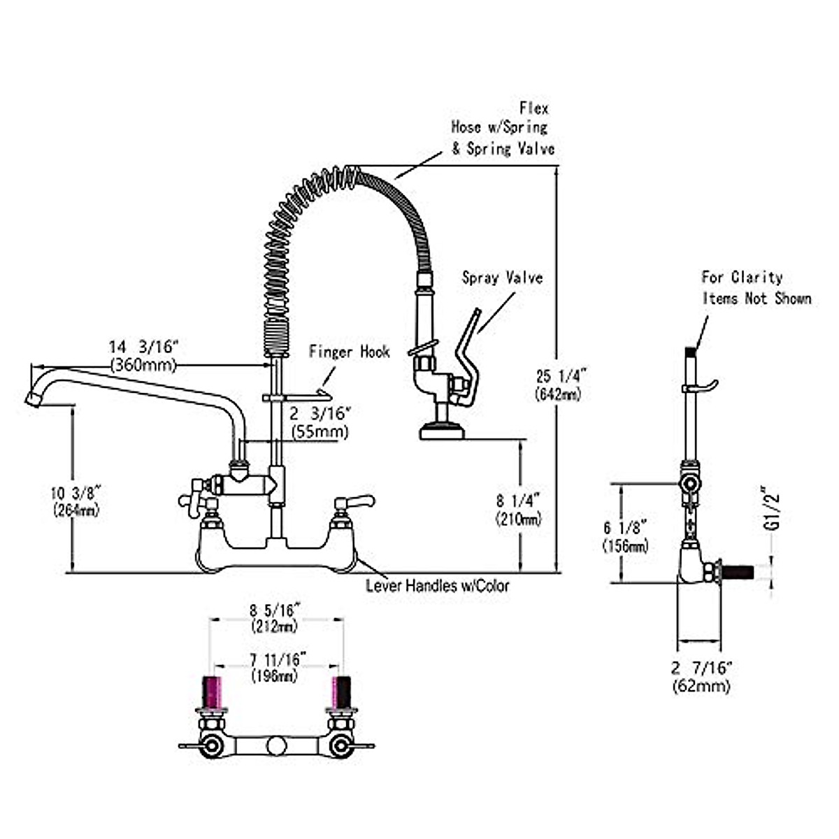 TBER Commercial Kitchen Faucet 8 Inch Center Wall Mount Sink Faucet for Restaurant Industrial 25" Height 12" Swivel Spout Pre-Rinse Sprayer Faucet for Compartment Sinks