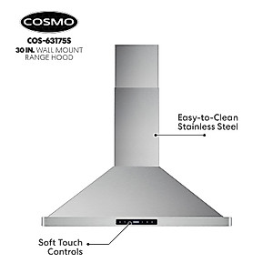 COSMO COS-63175S Wall Mount Range Hood with Ducted Convertible Ductless (No Kit Included), Ceiling Chimney-Style Stove Vent, LEDs Light, Permanent Filter, 3 Speed Fan in Stainless Steel (30 inch)