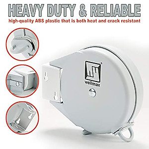 Wellmax 40 Feet Retractable Clothesline with Cloth Pins, Heavy Duty Portable Drying Lines for Wall Mounted Indoor and Outdoor