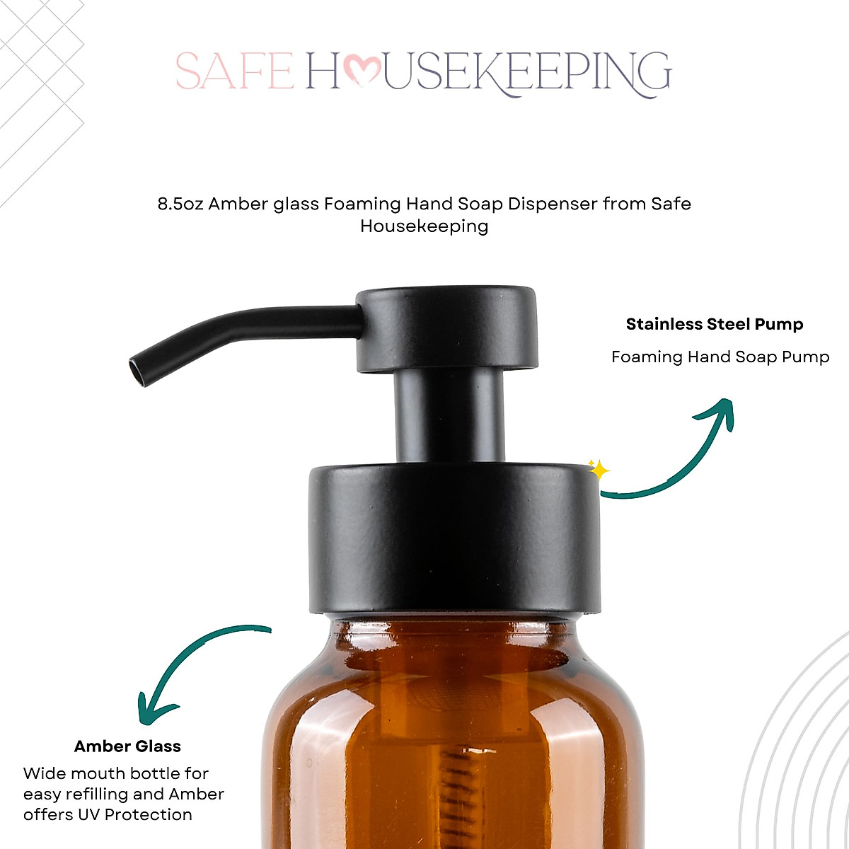 Refillable Foaming Soap Dispensing Bottle - Amber Glass - Matte Black Stainless Steel Foaming Pump - Apothecary Style for Modern bathrooms and Kitchens (Includes Labels)