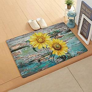 Turquoise Teal Sunflower Antifatigue Kitchen Bath Door Mat Cushioned Runner Rug,Washable Welcome Floor Sink Mat,Vintage Wood Grain Newspaper Waterproof Comfort Standing Doormat for Kitchen,18"x30"
