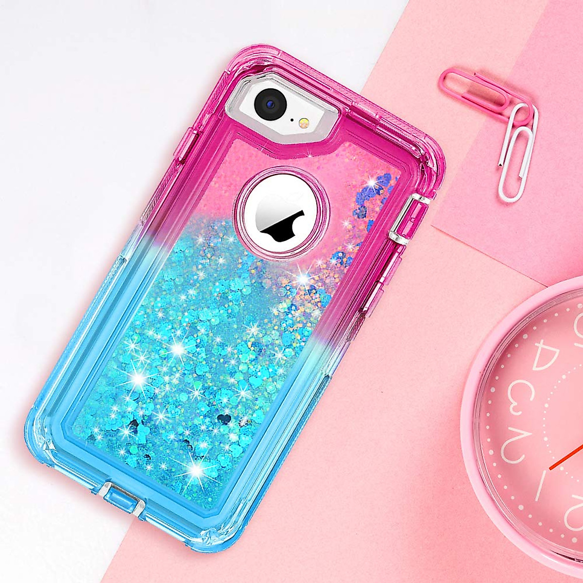 MAXCURY Case for iPhone SE 2022 (3rd Gen) & SE Case 2020 2nd, iPhone 7/8 Defender Phone Case for Women, Girl's Bling Liquid Quicksand Heavy Duty Shockproof Cover for iPhone 6/6s (Pink/Blue)