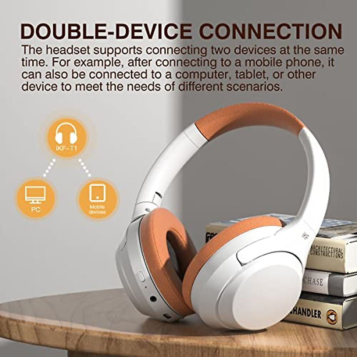 iKF T1-Wireless Wired Headphones Call Noise Cancelling Bluetooth Headset Bass Stereo Sound 50 Hours Using Time Built-in Microphone Pairing 2 Devices Compatible iOS/Android (Off-White)