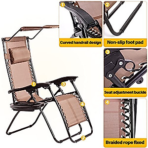 BestMassage Patio Lounge Chair 2 Pack Recliner W/Folding Canopy Shade and Cup Holder for Outdoor Funiture (Brown)