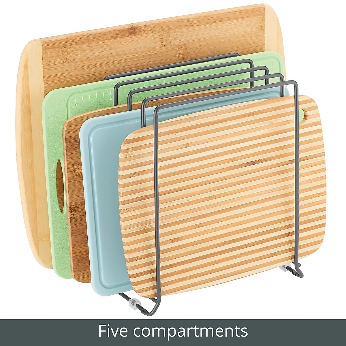 mDesign Pot Lid and Pan Rack — Metal Wire Rack for Cabinets, Pantries or Kitchen Surfaces — Freestanding Pan Stand with 5 Slots for Pans, Pots, Lids and Crockery — Dark Grey