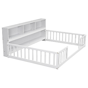SOFTSEA Full Size Floor Bed with Bedside Bookcase and Storage Shelves, Solid Wood Floor Bed Frame with Guardrails for Boys and Girls Bedroom, Easy Assembly, White