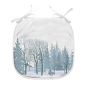 Lunarable Dusty Blue Chair Pad Set of 2, Christmas Theme Snowy Forest Elements Winter Season Landscape, Water Resistant Pillow with Ties Dining Room Kitchen, 15" x 15", Grey Teal Blue Grey