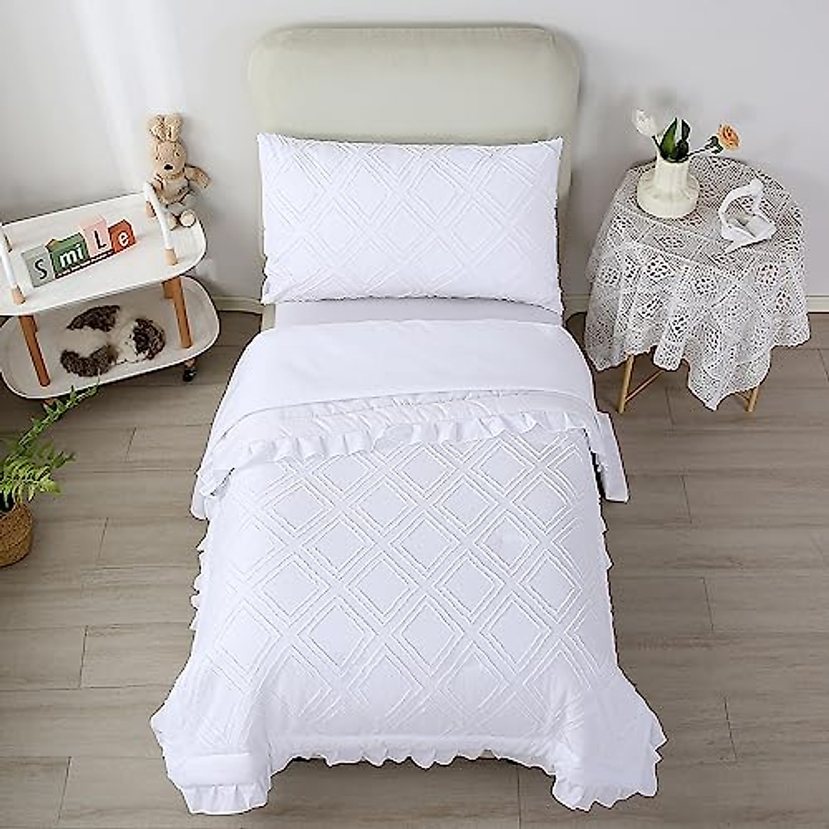 ZRNBAST 4-Piece White Toddler Bed Sets Tufted, 100% Microfiber Fluffy Toddler Comforter Set Tufts Ruffle Chic Bohemian for Girl Boy, Include Comforter, Flat Sheet, Fitted Sheet, Pillowcase (White)