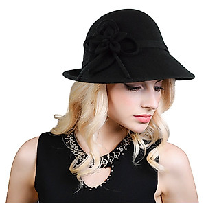 Bellady Women's Elegant Flower Wool Cloche Bucket Bowler Hat, Black