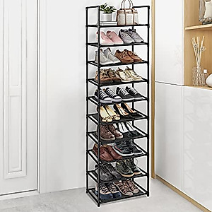 10 Tiers Shoe Rack, 20 Pairs Tall Shoe Storage Organizer Stackable Narrow Metal Stand Shelf for Closet Entryway Hallway, Black