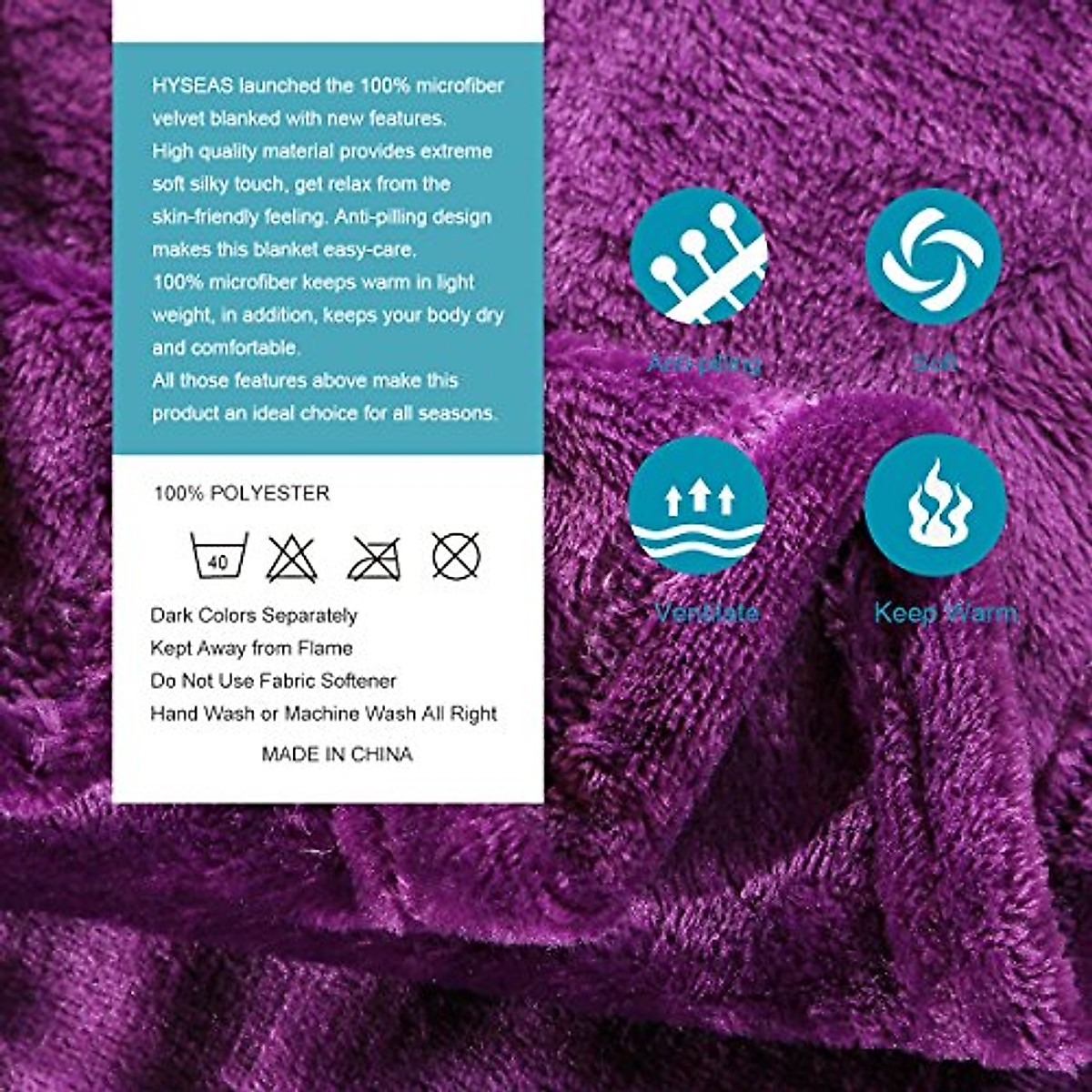 HYSEAS Flannel Fleece Throw Blanket Purple - Super Soft Plush Microfiber Solid Blanket for Couch, Bed, Chair, Sofa - Fuzzy Cozy Lightweight - 50x60 Inch