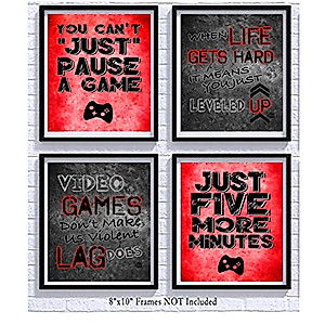 Silly Goose Gifts Video Game Themed Art Print Room Wall Decoration (Set or Four) Gamer (Red)