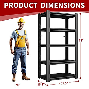 DARTIIA 72" H Garage Shelving 3000LBS Heavy Duty Storage Shelves Adjustable 5 Tier Metal Shelves for Storage Garage Industrial Shelving Utility Racks,23.9" D x 40" W x 72" H,Black