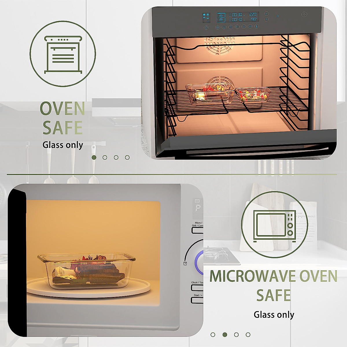 ZRRHOO 10 Pack Glass Food Storage Containers with Lids, Freezer Meal Prep Containers (Built in Vent), Green Kitchen Style Bento Boxes for Storage, BPA Free & Leak Proof (Green)