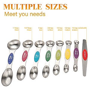 Magnetic Measuring Spoons Set, 8pcs Nesting Stainless Steel Teaspoon Measuring Spoons with Leveler, Stackable Dual Sided Tablespoon Measure Spoon for Measuring Dry and Liquid Ingredients