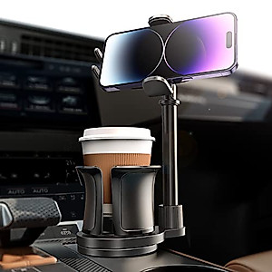LISEN Cup Holder Expander Phone Mount for Car Tough 2-in-1 Cup Phone Holder for Car Mount, Adjustable Base & Clamp Cell Phone Holder for Car Fit Car, Truck, SUV, Tesla, Fit All iPhone & Android