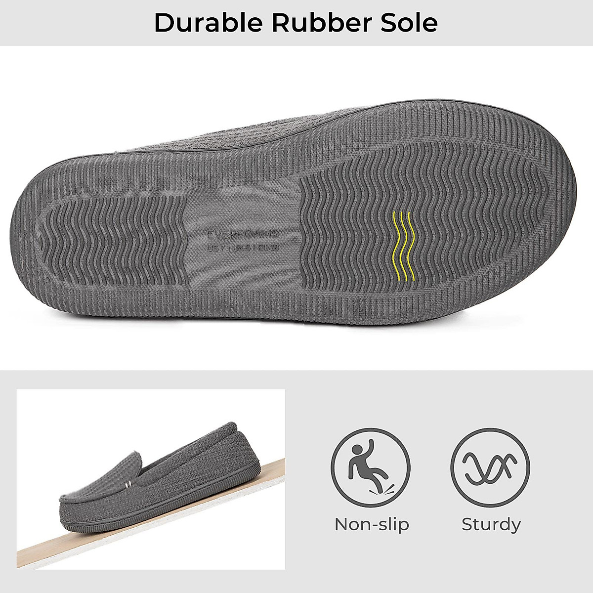 EverFoams Women's Lightweight Indoor Outdoor Memory Foam House Shoes, Comfy Breathable Waffle Knitted Moccasins Loafer Slippers Grey, 7 US