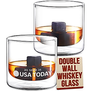 Eparé Whiskey Glasses Set of 2-9 oz Double Wall Bourbon Rock Glass - Neat Whisky Bar Glassware - Scotch Old Fashioned or Liquor Cocktail Tumblers