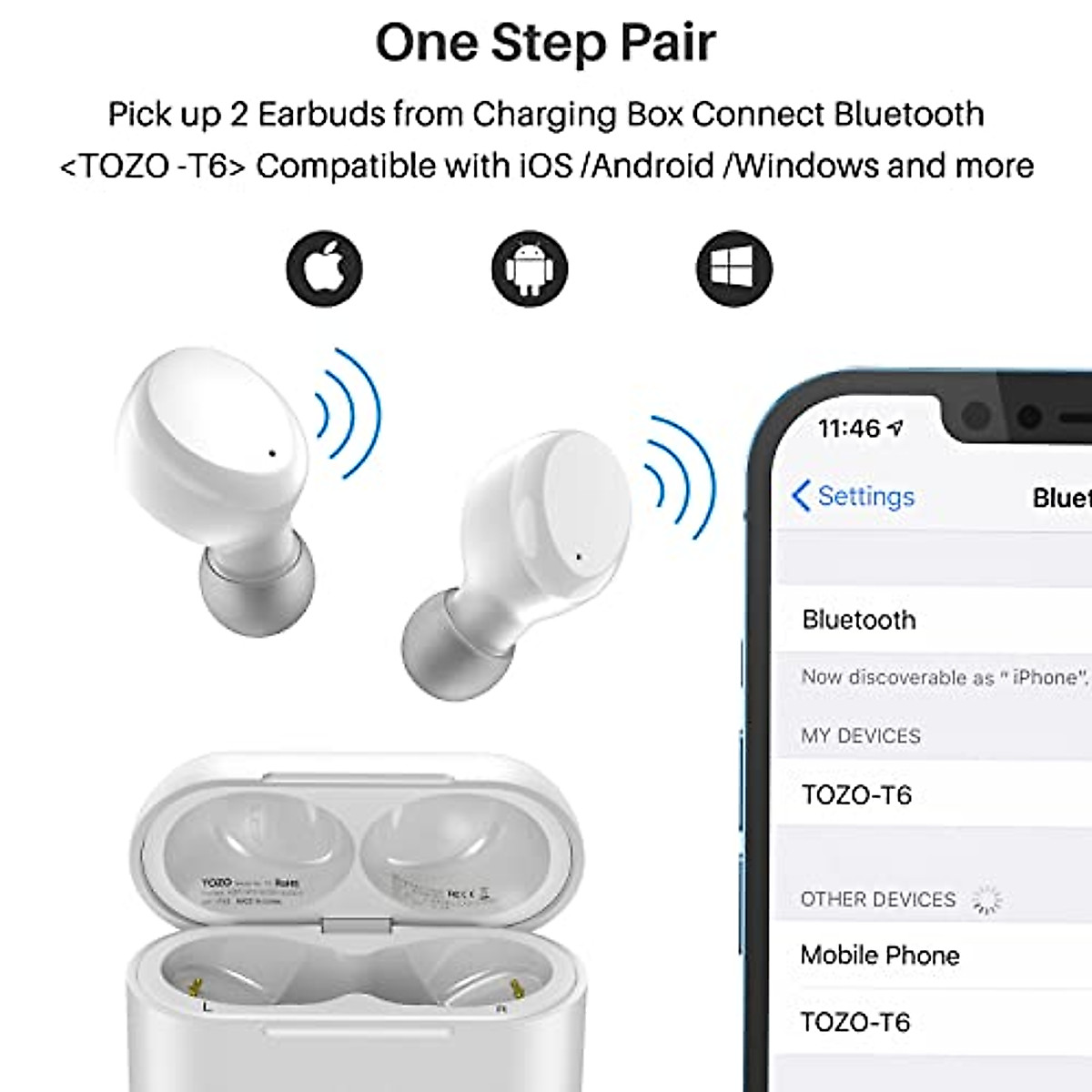 TOZO T6 True Wireless Earbuds Bluetooth 5.3 Headphones Touch Control with Wireless Charging Case IPX8 Waterproof Stereo Earphones in-Ear Built-in Mic Headset Premium Deep Bass White