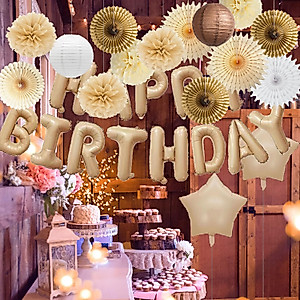 Brown Birthday Party Decorations Rustic Natural Birthday Tan Brown Ivory Paper Fans Paper Pom Poms Flowers Happy Birthday Foil Balloons for Baby Shower Woodland Teddy Bear Birthday Party Decoration