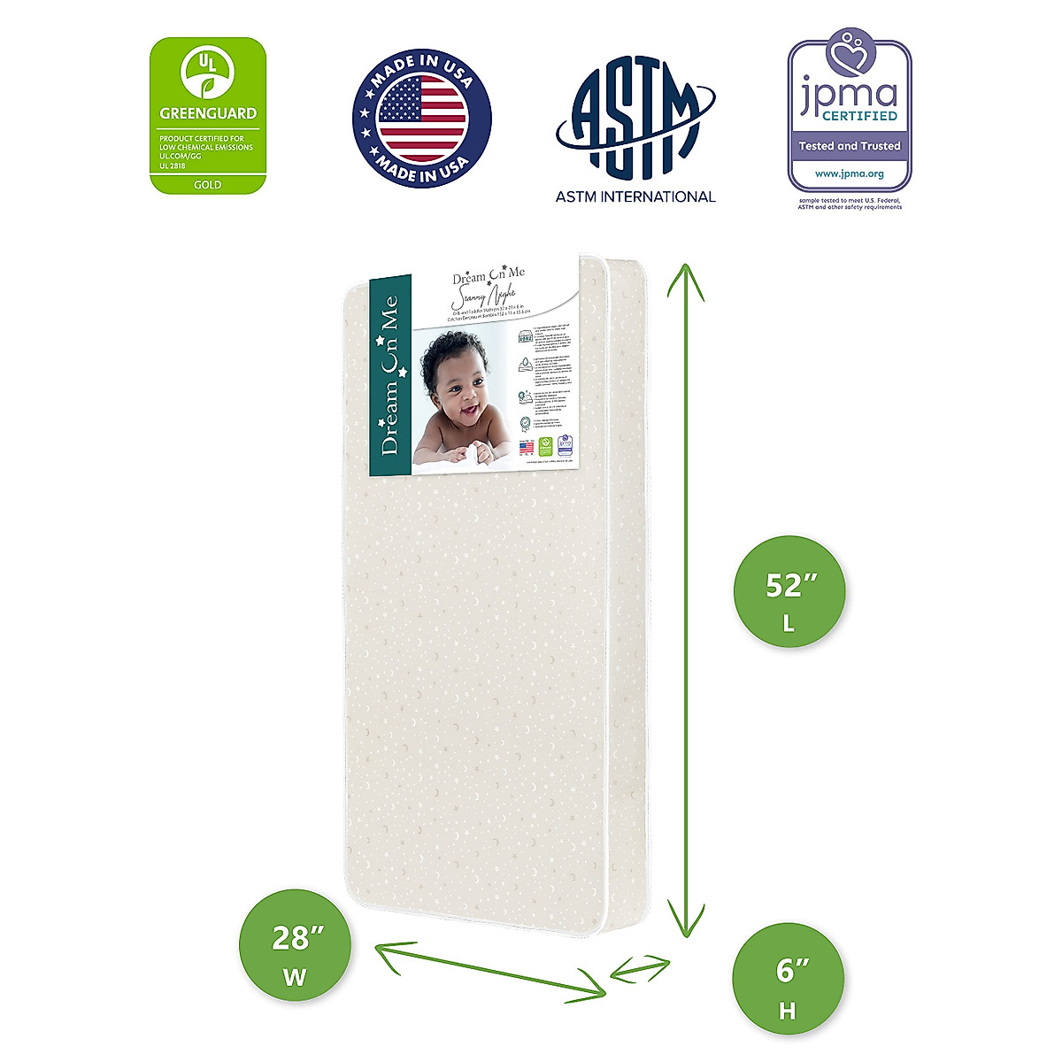 Dream On Me Starry Night 150" Continuous Coil Inner Spring Crib and Toddler Bed Mattress, Grey Stars Waterproof Vinyl Cover | Greenguard Gold and JPMA Certified | Maximum Support and Safety