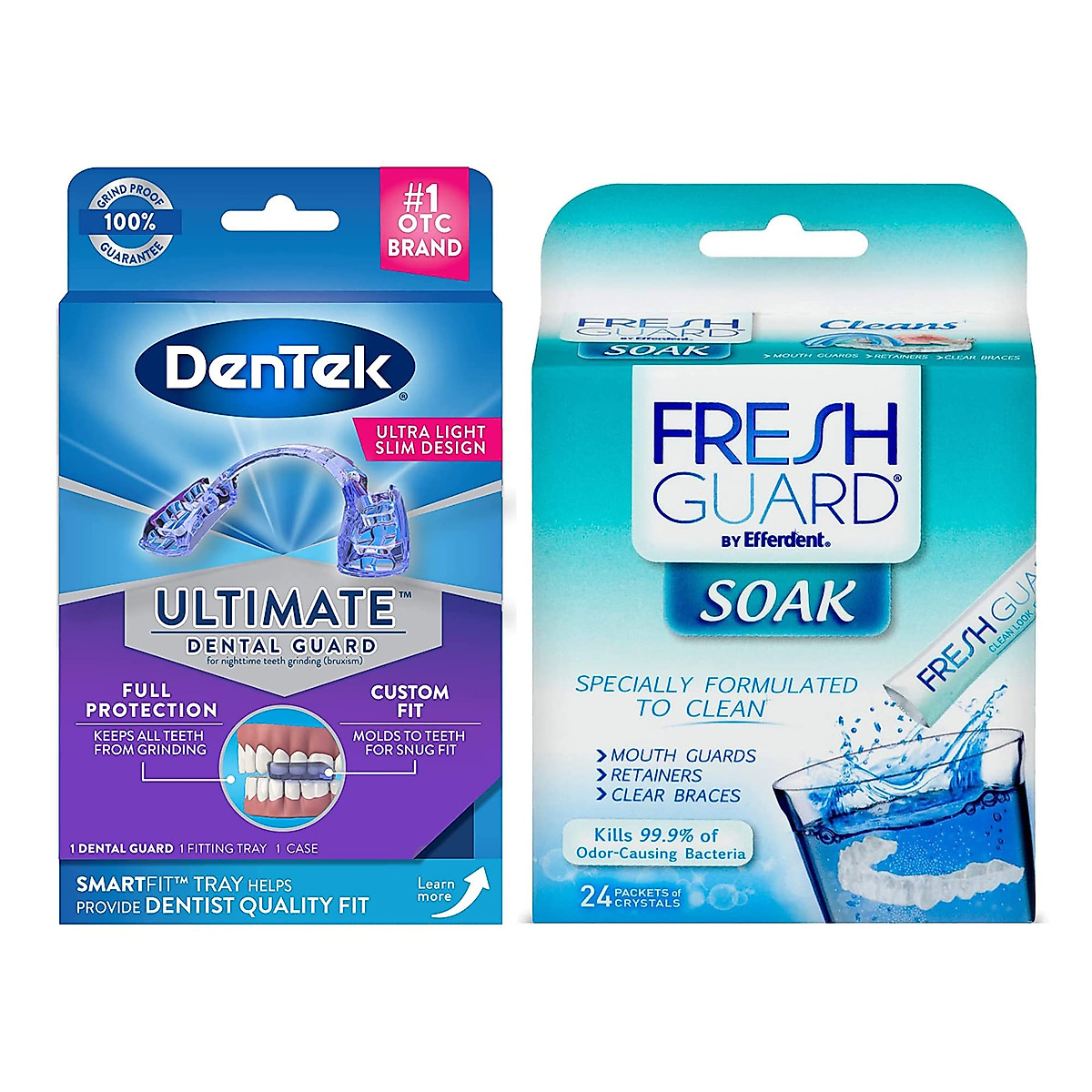 DenTek Ultimate Guard for Nighttime Teeth Grinding with Fresh Guard Soak Clear Braces