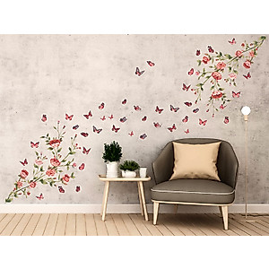 Cute Peony Flower Wall Decals Pink Rose Floral Wall Decals Butterfly Wall Stickers Removable Peel and Stick for Kids Room Bedroom Living Room Garden Backyard Wall Decoration