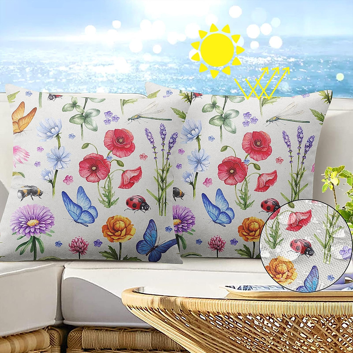 Britown Flower Summer Floral Outdoor Waterproof Throw Pillow Covers 18 x 18 Inch Set of 2, Palm Leaf Pillowcase Square Cushion Case, Farmhouse Garden Decorative Pillows for Couch Beach Patio