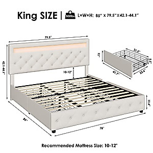 Keyluv King Size LED Bed Frame with 4 Storage Drawers, Velvet Upholstered Platform Bed with Adjustable Crystal Button Tufted Headboard and Solid Wooden Slats Support, No Box Spring Needed, Beige