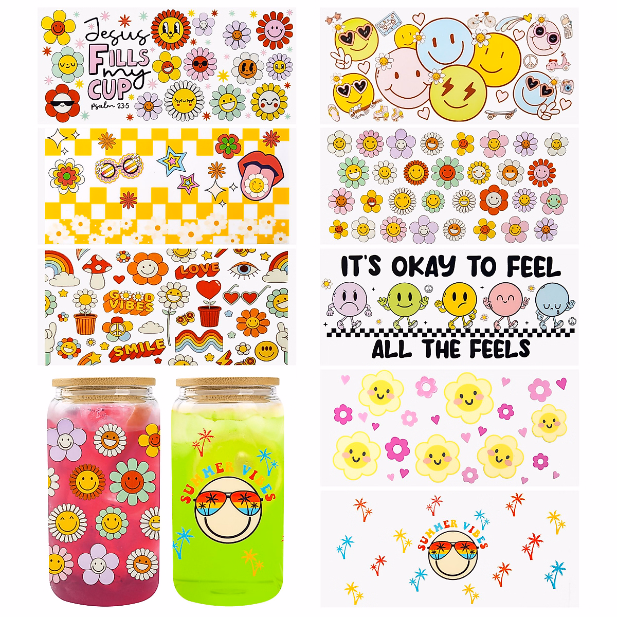 Joyclub 8 Sheet UV Dtf Cup Wraps for 16oz Glass Cups with Lids and Straws Teacher Appreciation Welcome Back to School Decor Transfer Stickers for Reusable Iced Coffee Cup Beer Can Glass (Emoticons)