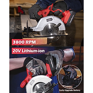 PowerSmart 20V 6-1/2 Inch Cordless Circular Saw with 4.0Ah Battery and Fast Charger, 4300 RPM, Laser & Parallel Guide, 2 Blades