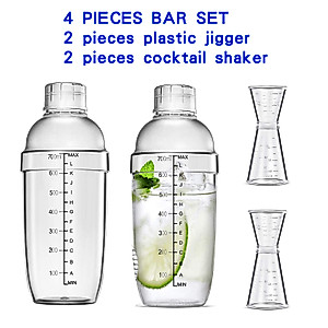 4 pcs Clear Cocktail Shaker Set 2 pcs Plastic bar Shaker with 2 pcs Plastic Cocktail Double Measuring Jigger