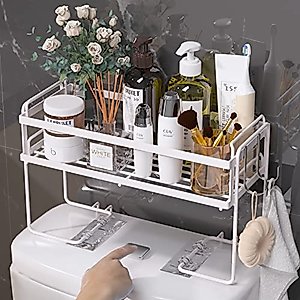 NUTSAAKK Bathroom Over The Toilet Storage Shelf, 1-Tier Bathroom Organizer Over Toilet, Above Toilet Storage with Non-Trace Adhesive, No Drilling Toilet Organizer with Hook (Upgrade White)