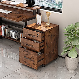 YQ JENMW 3 Drawers File Cabinet, Rolling Mobile Vertical Filing Cabinet with Lock, Wood Under Desk File Cabinet with Wheels for Supplies Files, and Materials,Mobile File Cabinet for Home Office,Brown